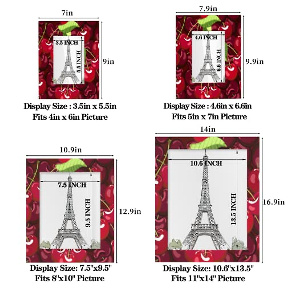 Red Cherry 4x6 Picture Frame, Fruit Pattern Wooden Photo Frames for Tabletop and Wall Display, Picture Frame Home Office Decor