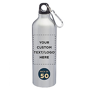 DISCOUNT PROMOS Custom Aluminum Water Bottles with Carabiner 24 oz. Set of 50, Personalized Bulk Pack - Perfect for Gym, Hiking, Camping, Running, Mountain Bike, Outdoor Sports - Silver