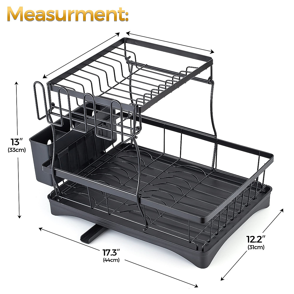 Dish Drying Rack for Kitchen Counter, 2-Tier Dish Racks with Drainboard, Large Capacity Dish Drainer Organizer Shelf with Utensil Holder, Wine Glass Holder（Black）