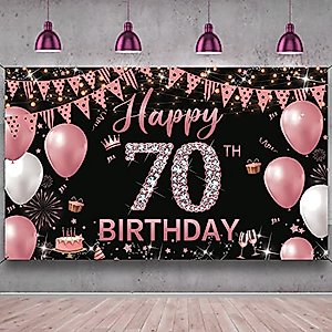 70th Birthday Decorations Backdrop Banner for Women, Rose Gold Happy 70th Birthday Decoration for Women, 70 Year Old Birthday Party Backdrop, 70th Birthday Theme Photo Props Fabric 6.1ft x 3.6ft PHXEY