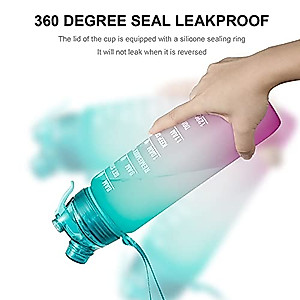 BOTTLE BOTTLE 32 oz Motivational Water Bottle with Time Marker - Water Bottle with Spray Mist Leakproof Drink Water Bottle for Office Gym Running Workout Outdoor Sport(Green Purple)