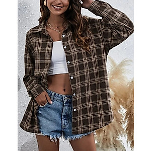 Oulivey Plaid Flannel Shirts for Women Oversized Button Down Long Sleeve Buffalo Shirts Blouse Tops(0003-Coffee-S)