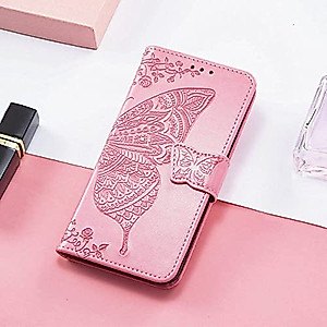 Designed for iPhone 13 Case Wallet for Women,Flip Folio Cover with Butterfly Embossed PU Leather Kickstand Credit Card Holder Slots Magnetic Wrist Strap Protective Phone Case for iPhone 13 (Pink)