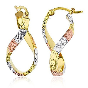 14k Tri Color Gold Solid S Oval Twisted Diamond Cut Hoop Earrings for Women | 3x27mm Thick | Italian Gold Hoops | Twisted Hoop Earrings | Secure Click-Top | Shiny Polished Earrings, 3x27mm