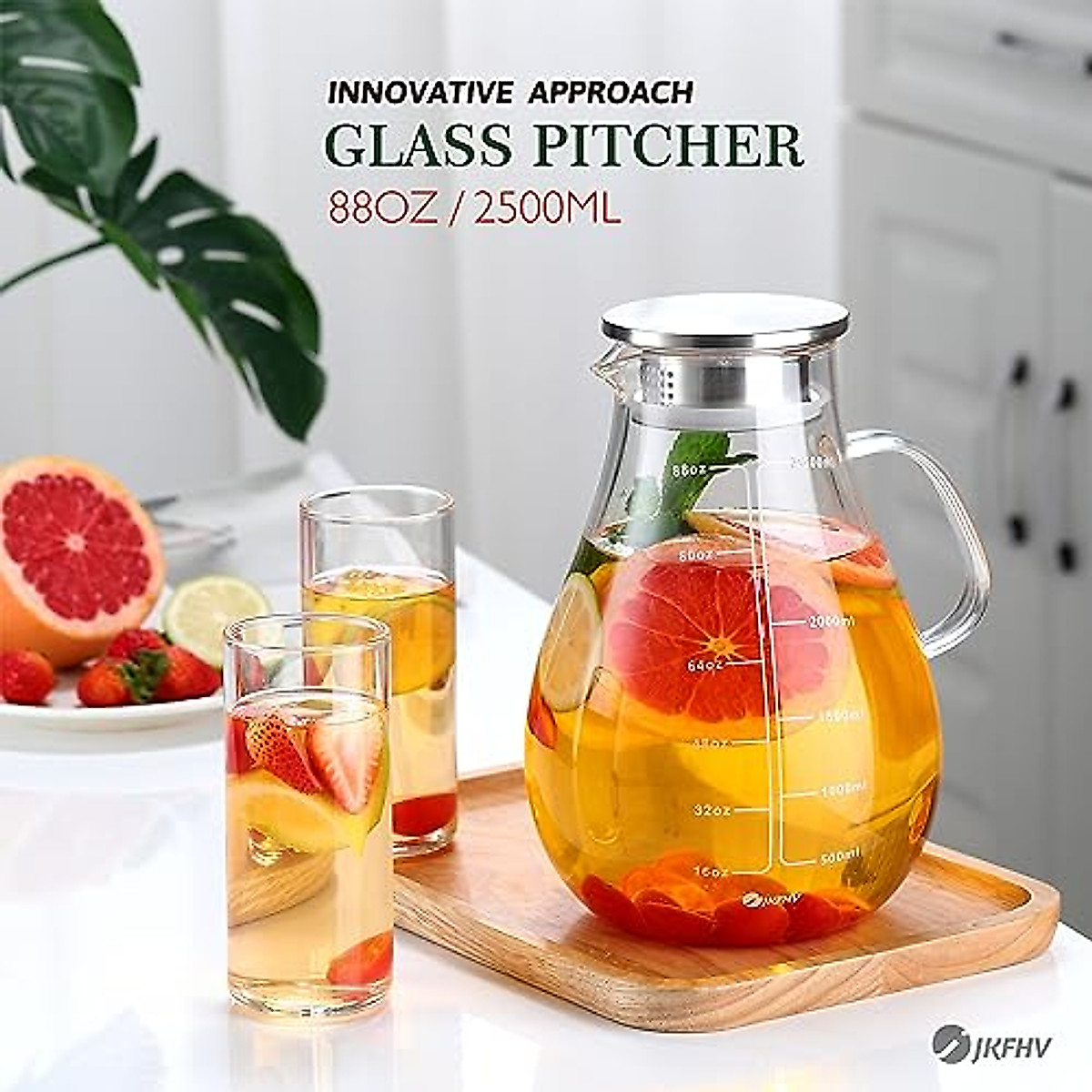 JKFHV Glass Pitcher,88oz Water Pitcher Set with Lid and Drink Glasses of 2,Large Glass Iced Tea Pitcher Easy Clean Heat Resistant Borosilicate Glass Jug for Juice,Milk,Cold or Hot Beverages