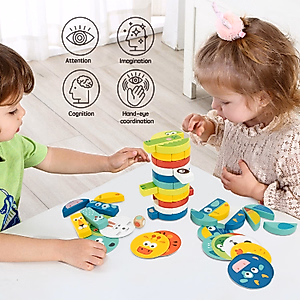 TOOKYLAND Wooden Tumble Tower Game - 61pcs - Stacking Blocks, Animal Cards and Die. Ages 3+