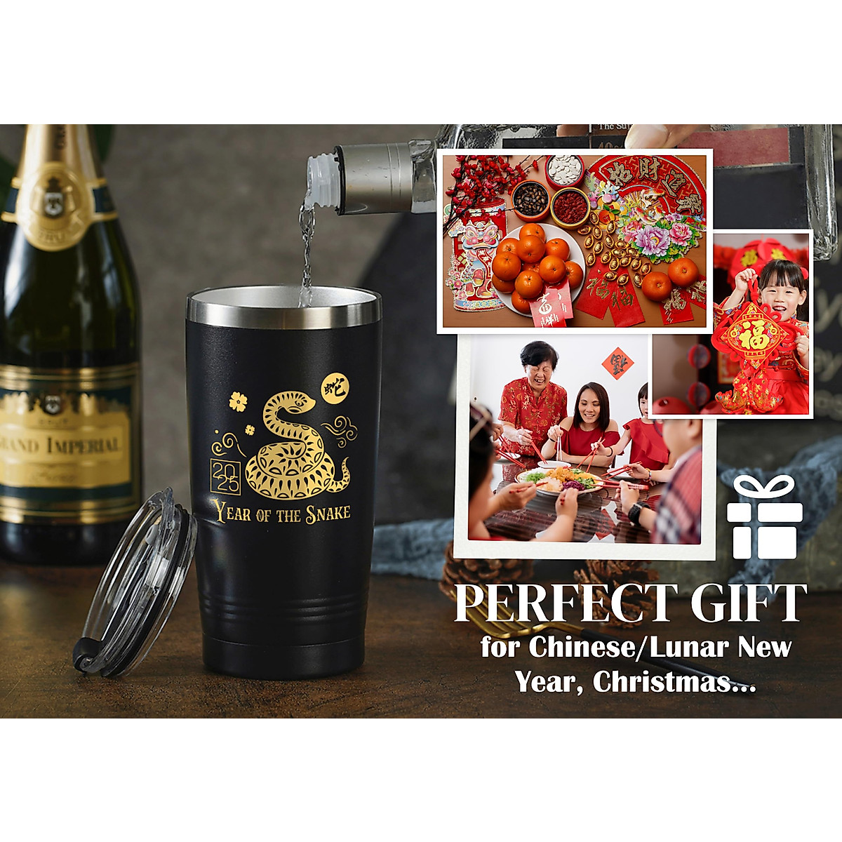 Onebttl Chinese New Year 2025 Gifts - Year of The Snake - Decorations for Lunar New Year - 20oz/590ml Double Wall Vacuum Insulated Stainless Steel Tumbler - with Lid and Straw - Black