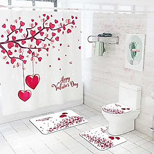 Ochine 4 Pcs Valentine's Day Shower Curtain Set with Non-Slip Rug, Toilet Lid Cover and Bath Mat, Romantic Sweetheart Shower Curtain Set Waterproof Fabric Bath Curtains Bathroom Decor with 12 Hooks
