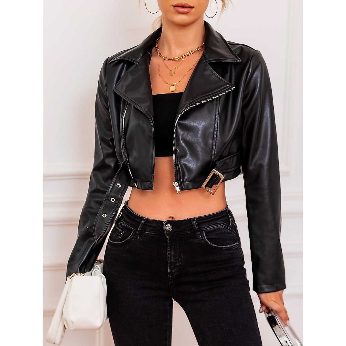 WDIRARA Women's PU Leather Zipper Buckle Belted Long Sleeve Motorcycle Crop Jacket Black L