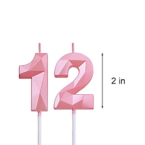 2 inch Pink 12 & 21 Birthday Candles, 3D Diamond Number 12th & 21st Cake Topper for Boys Girls Birthday Party Decorations Theme Party