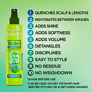 Garnier Fructis Pure Moisture 10-in-1 Spray for Dry Hair and Scalp, Hyaluronic Acid, 8.1 Fl Oz, 1 Count (Packaging May Vary)