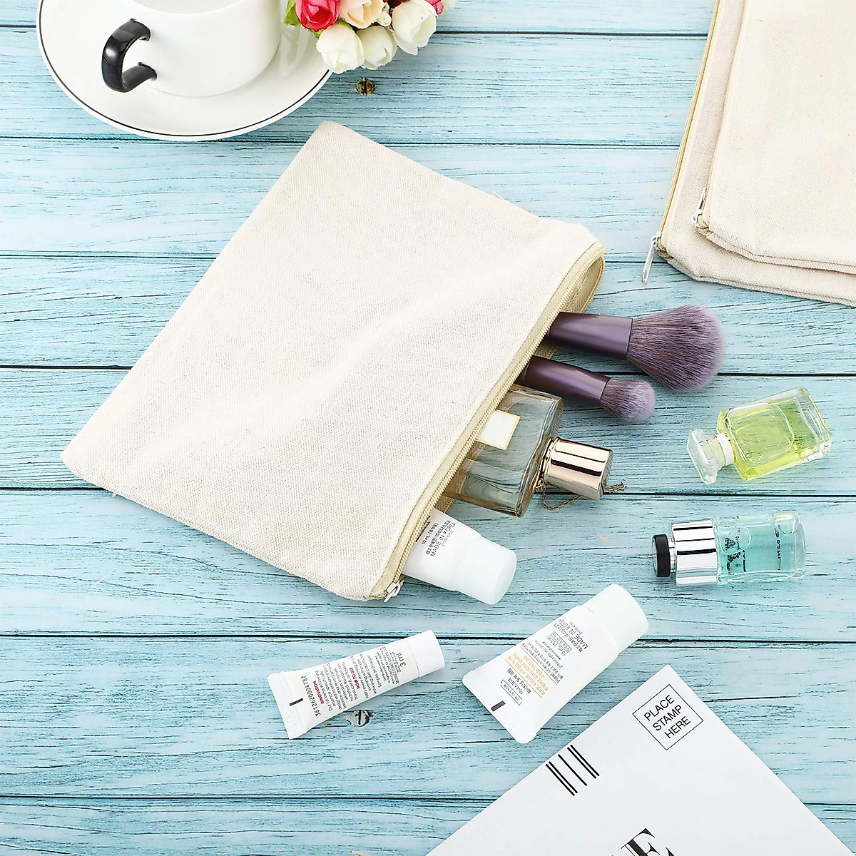 meekoo 16 Pack Multi-Purpose Cosmetics Bag with Zipper Canvas Makeup Pouches Travel Toiletry Bag Pen Pencil Bag Blank DIY Craft Bag (M, Beige)