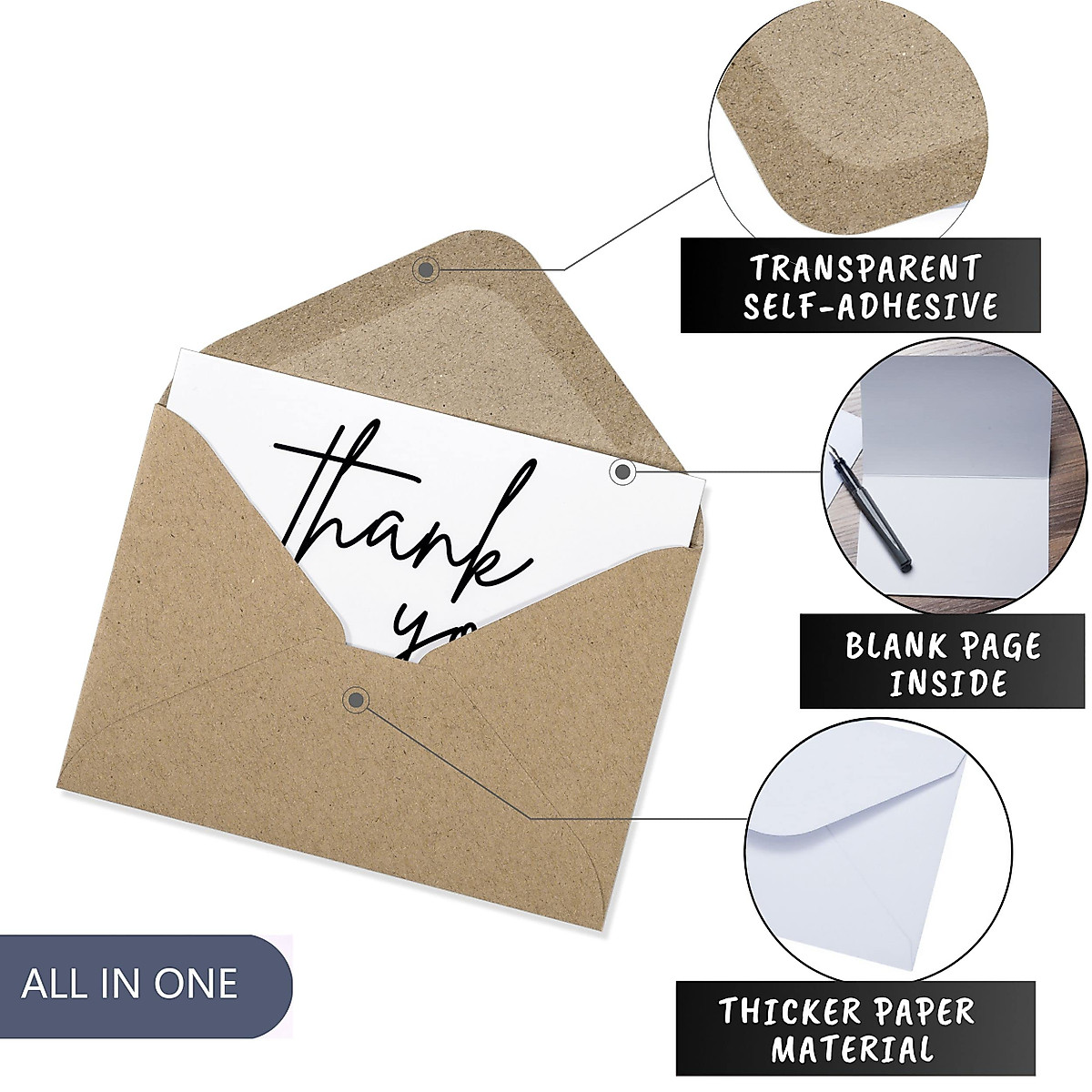 40 White Bulk Thank You Cards with Kraft Envelopes 4 x 6 in with stickers - 4 Minimalistic Designs Blank Thank You Notes with Envelopes Matt for business Wedding Bridal Baby Shower Business Graduation