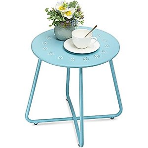 danpinera Outdoor Side Tables with Flower Cut Outs, Weather Resistant Steel Patio Side Table, Small Round Outdoor End Table Metal Side Table for Patio Yard Balcony Garden Blue