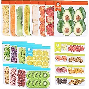 Reusable Food Storage Bags- 24 Pack Reusable Ziploc Bags (8 Reusable Gallon Bags + 8 Reusable Sandwich Bags + 8 Reusable Snack Bags)，Silicone Food Bags for Meat Fruits and Vegetables.