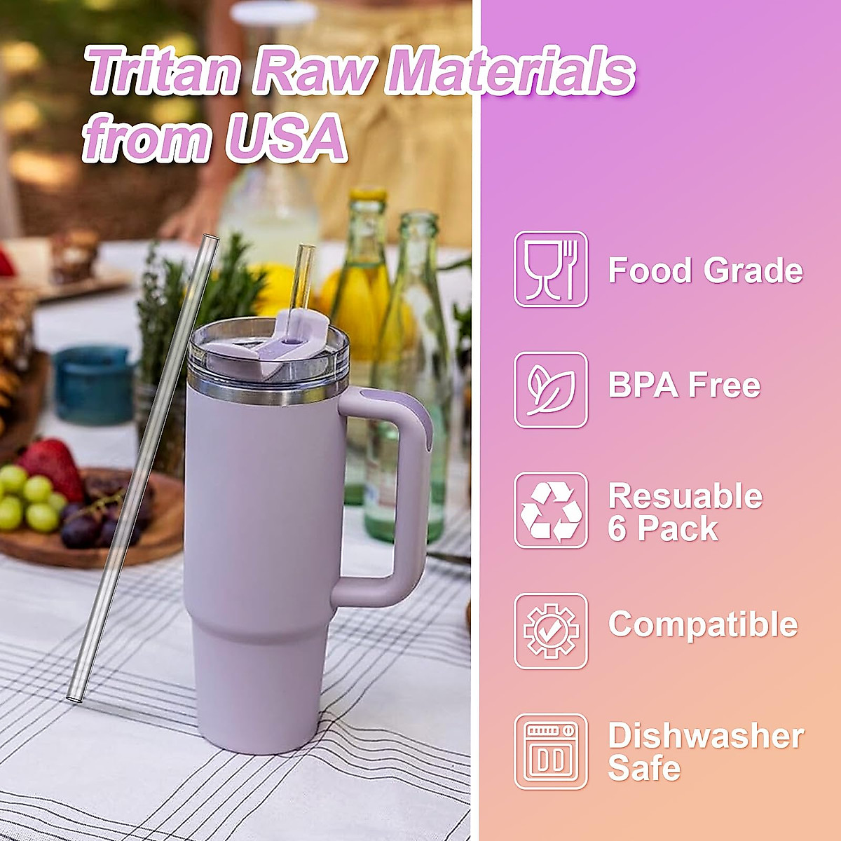 Reusable Straws for 40 oz Tumbler,Plastic Replacement Straws for Stanley Cup, for Simple Modern 40 oz tumbler,6 Pack Clear Straws with 2 Straw Cleaner Brush (12.2 Inch for Stanley 40oz)