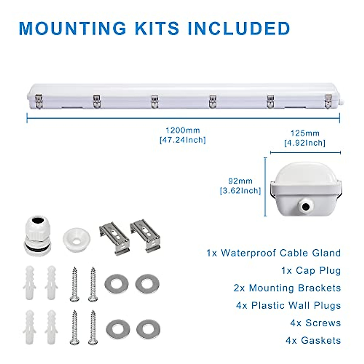 Amptonica 4FT LED Vapor Tight Light, 60W 6600lm(100W Eq.) Vapor Proof Light Fixture, 5000K Waterproof Shop Light for Car Wash, Carport, Walk in Freezer, Parking Garage, UL List 4-Pack