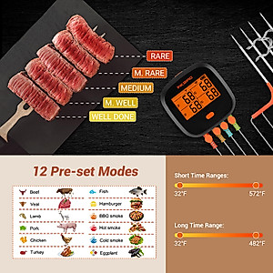 Inkbird WiFi Grill Meat Thermometer IBBQ-4T with 4 Colored Probes, Wireless Barbecue Meat Thermometer with Calibration, Timer, High and Low Temperature Alarm for Smoker, Oven, Kitchen, Drum