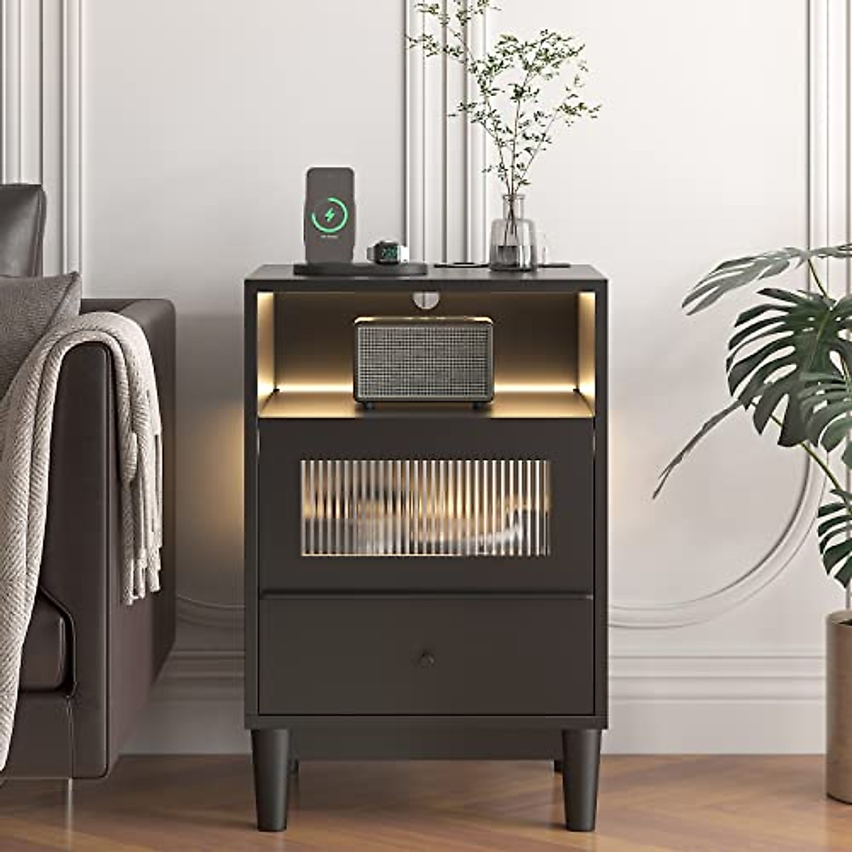Saudism Black Nightstand with Charging Station, End Table with Glass Drawers, Night Stand with LED Lights, Wood Bedside Tables for Bedroom, 15.7”×13.7”×23.8”