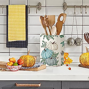 Thanksging Fall Utensil Holder Ceramic, Blue Utensil Holder for Kitchen Counter Countertop, Cooking Utensil Crock with Non-slip Mat, Pumpkins Farmhouse Kitchen Decor, Spatula Utensil Storage Organizer