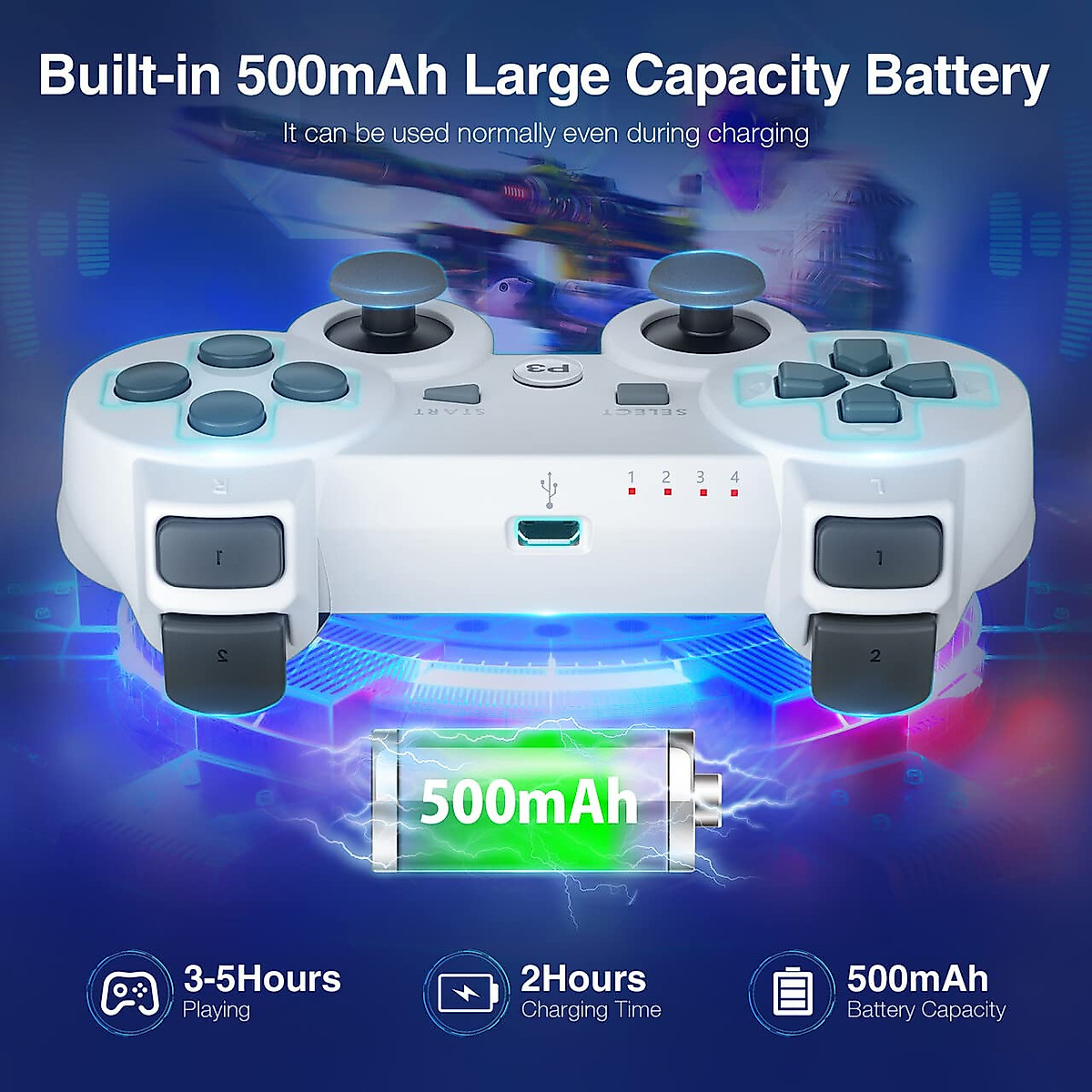 Powerextra Controller Compatible with PS3, Wireless 2 Pack High Performance Gaming Controller with Upgraded Joystick Double Shock for Play-Station 3 (White)