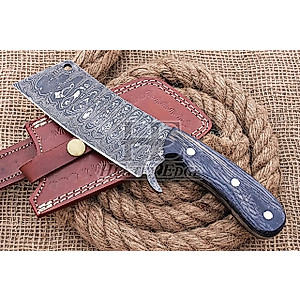 HUNTEX Handmade Hand-Forged Ladder Pattern Damascus Steel 9.5 Inch Long Full Tang Pakka Wood Handle Razor Sharp Hunting Camping Cleaver Knife w/Genuine Leather Sheath
