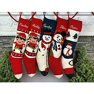 Personalized Hand Knit Mary Red Wool Snowman Chirstmas Stocking with Optional Personalization