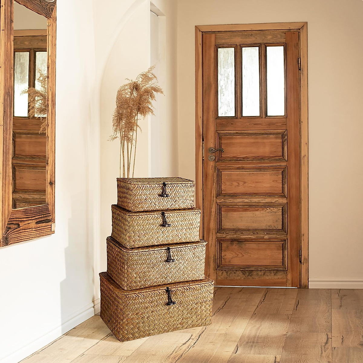 Woanger Set of 4 Wicker Storage Baskets Organizer，Handwoven Storage Bins with Lid for Organizing, Home Utility Box for Home Office Supplies Multipurpose Container(Orange)