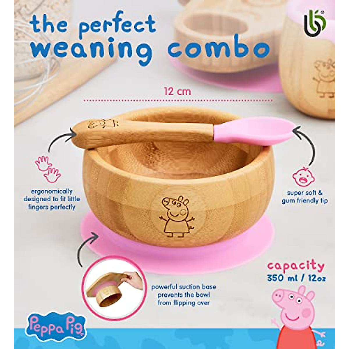 Peppa Pig Suction Bowl for Baby – Bamboo Baby Bowl and Spoon Set with Removable Silicone Suction Cup for Kids | 12oz | Non-Toxic | Cool to The Touch | Ideal for Baby-Led Weaning (Peppa Pig)