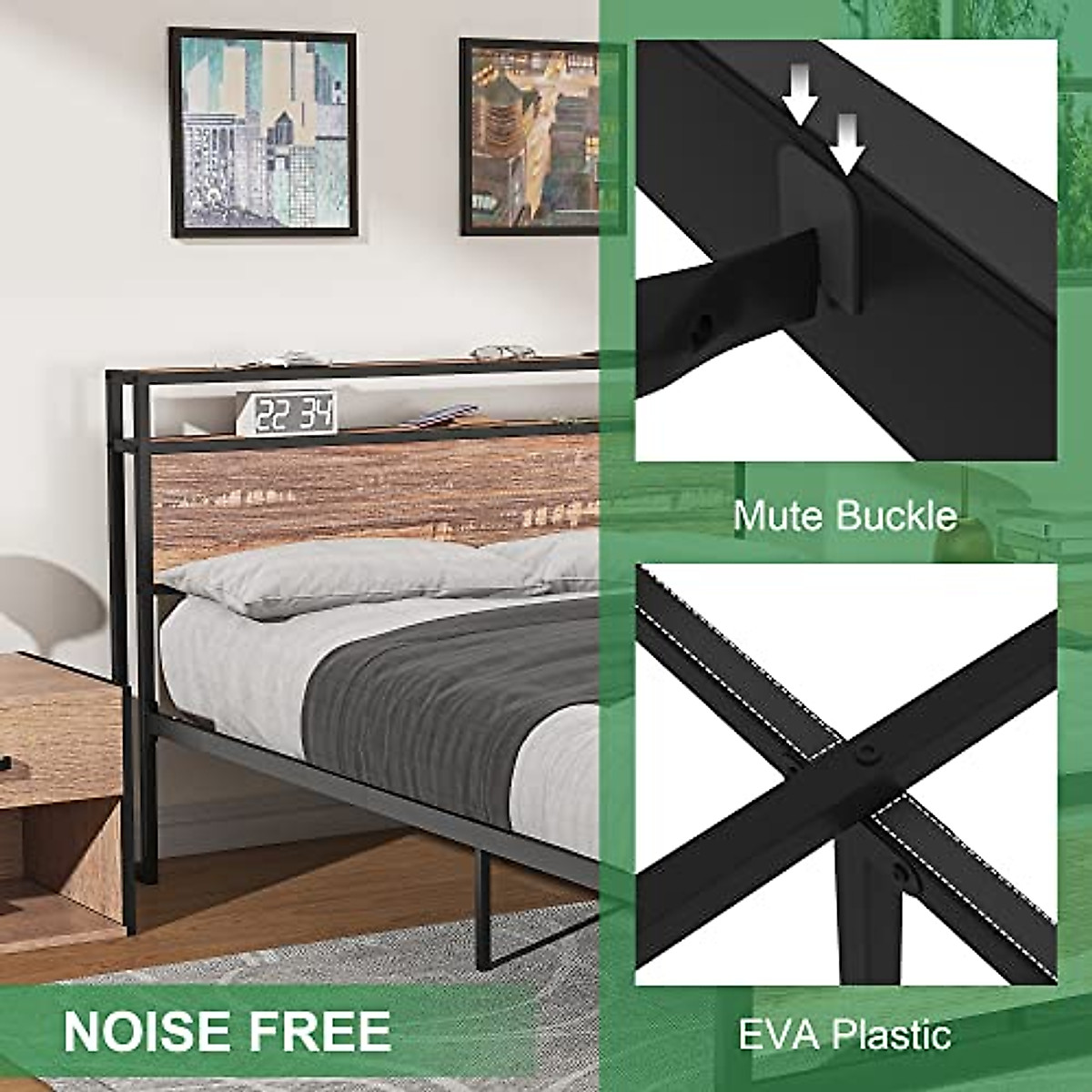 Osfvolr Queen Bed Frame, Industrial Metal Platform Bed Frame with 2 Tier Storage Wooden Headboard and Footboard, Heavy Duty Steel Mattress Foundation, Noise Free, Bedroom Furniture, Rustic Brown