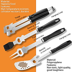 ROMANTICIST 5PCS Guitar Style Heavy Duty Grill Tool Set - Stainless Steel BBQ Tools including Spatula, Fork, Tongs, Basting Brush and Storage Bag in Unique Guitar Shape - Perfect Grill Gift Choice