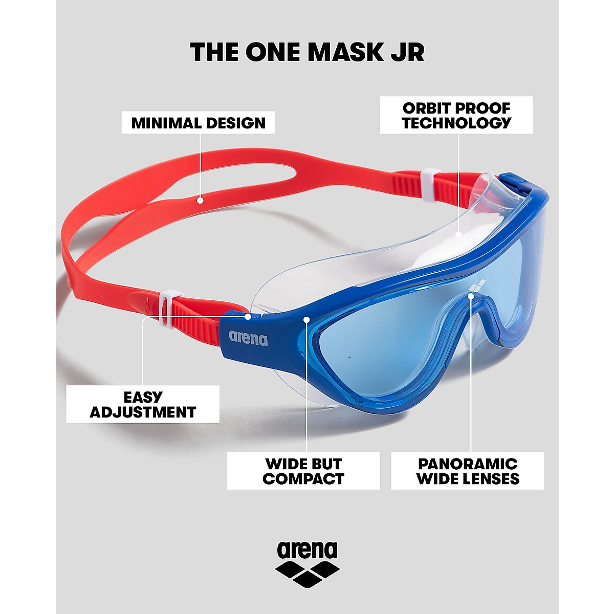 ARENA Unisex Youth The One Junior Swim Mask Fitness Swim Goggles for Boys and Girls Ages 6 to 12 Non-Mirror Lens Perfect for Summer Pool, Blue/Red