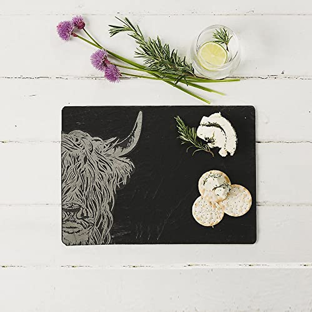 The Just Slate Company, Handcrafted Slate Rectangle Cheese Board, Laser Etched Highland Cow Design