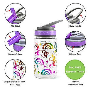 Home Tune 15oz Kids Water Drinking Bottle - Tritan BPA Free, Wide Mouth, Flip Sip Top, Easy Open, Lightweight, Leak-Proof Water Bottle with Cute Foil Print Design For Girls & Boys - Unicorn