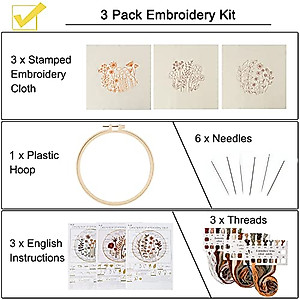 Uphome 3 Pack Embroidery Starter Kit for Beginners Stamped Cross Stitch Kits with Cute Flowers and Plants Patterns with 1 Embroidery Hoop and Color Threads for Adults Kids