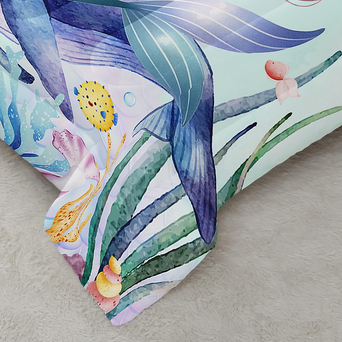 AILONEN Little Black Girl Mermaid Comforter Set Full Size, Kawaii Mermaid with Dolphin Bedding Set for Kids Girl,Ocean Theme Duvet Set,1 Quilt Set and 2 Pillowcases,3PCS