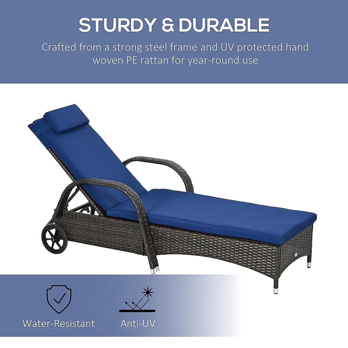 Outsunny Wicker Outdoor Chaise Lounge Set of 2, 5-Level Adjustable Backrest PE Rattan Pool Lounge Chair with Wheels, Cushion & Headrest, Brown and Dark Blue