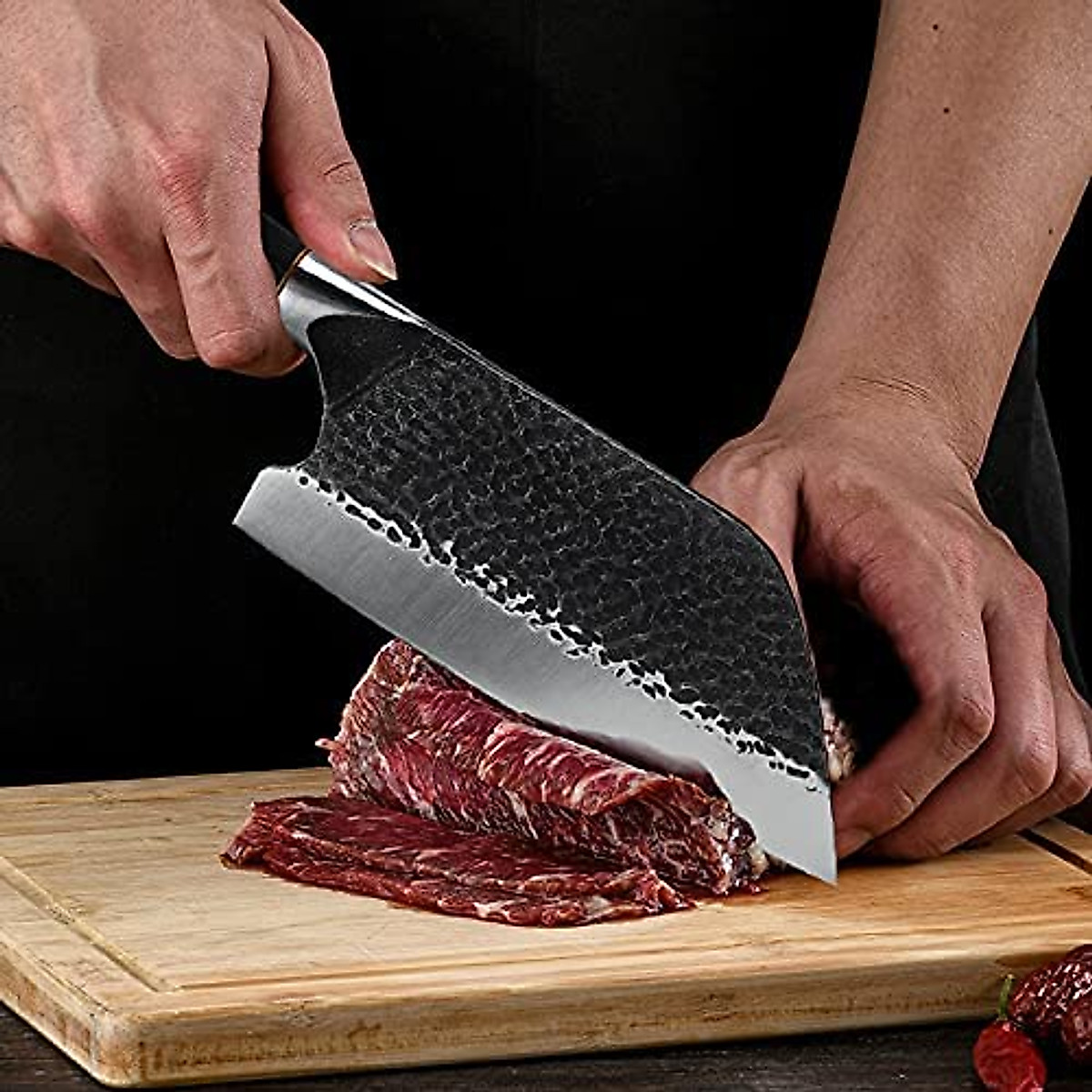 Authentic Serbian Chefs Knife - 7.5'' Full Tang Cleaver Knife - Razor Sharp High Carbon Steel - Rivet Pakka wood Handle for Kitchen fine cut