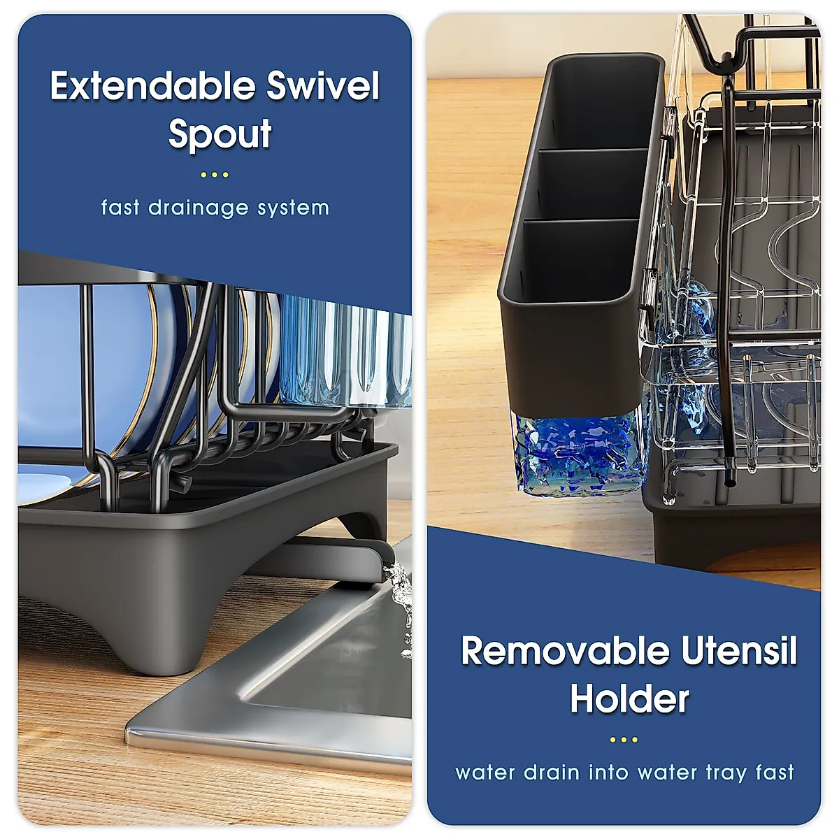 Dish Drying Rack, Detachable 2 Tier Dish Racks for Kitchen Counter with Pot Rack, Large Capacity Dish Drainer with Drainboard Organizer Shelf with Utensil Holder, Cup Rack, Cutting Board Holder, Black