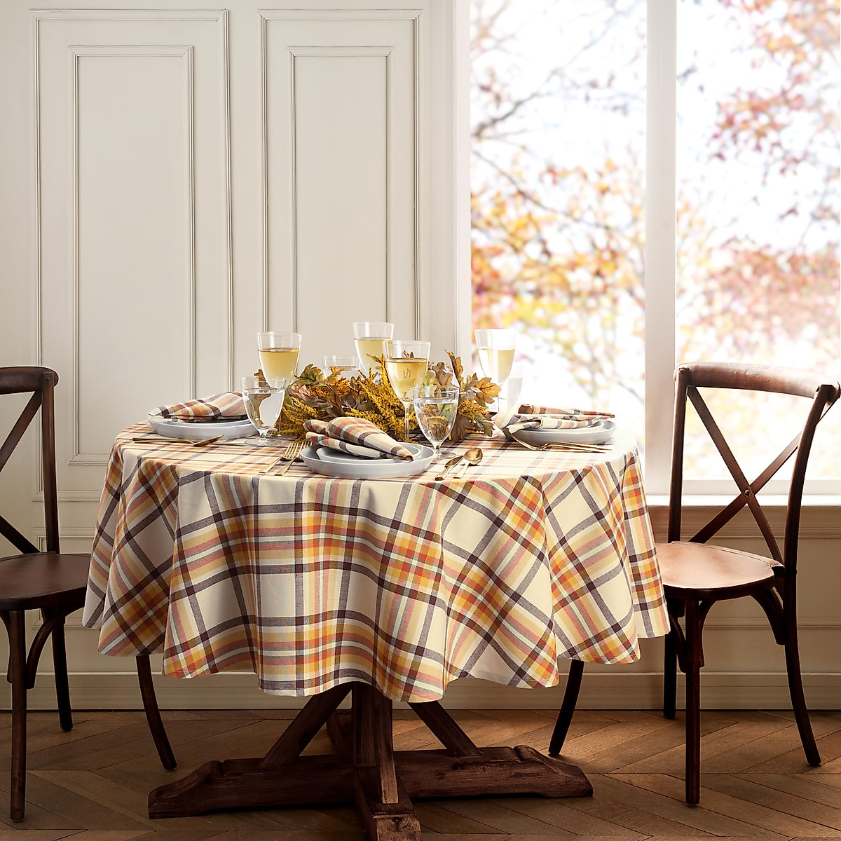 Elrene Home Fashions Russet Harvest Woven Plaid Cotton Tablecloth for Fall/Thanksgiving, 70" Round