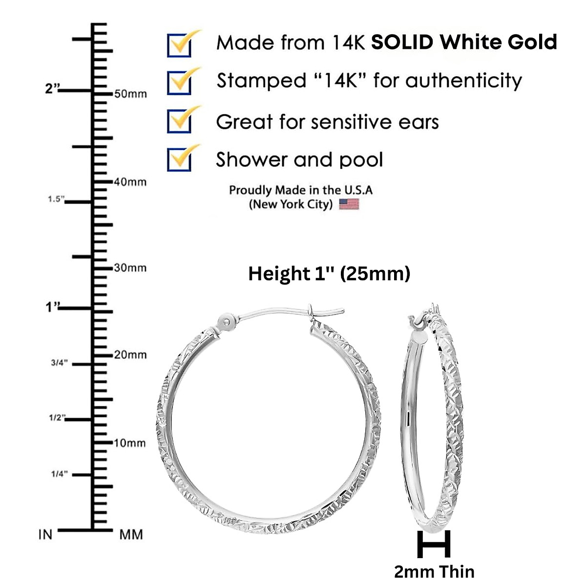 14k Gold Hand Engraved Diamond-cut Round Hoop Earrings -1'' Diameter (white-gold)…