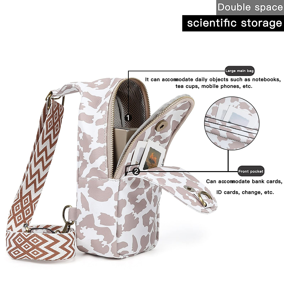 CVRTUM Women Small Crossbody Chest Bag PU Leather Sling Bag Satchel Daypack Hiking Shoulder Backpack for Traveling (Brown)