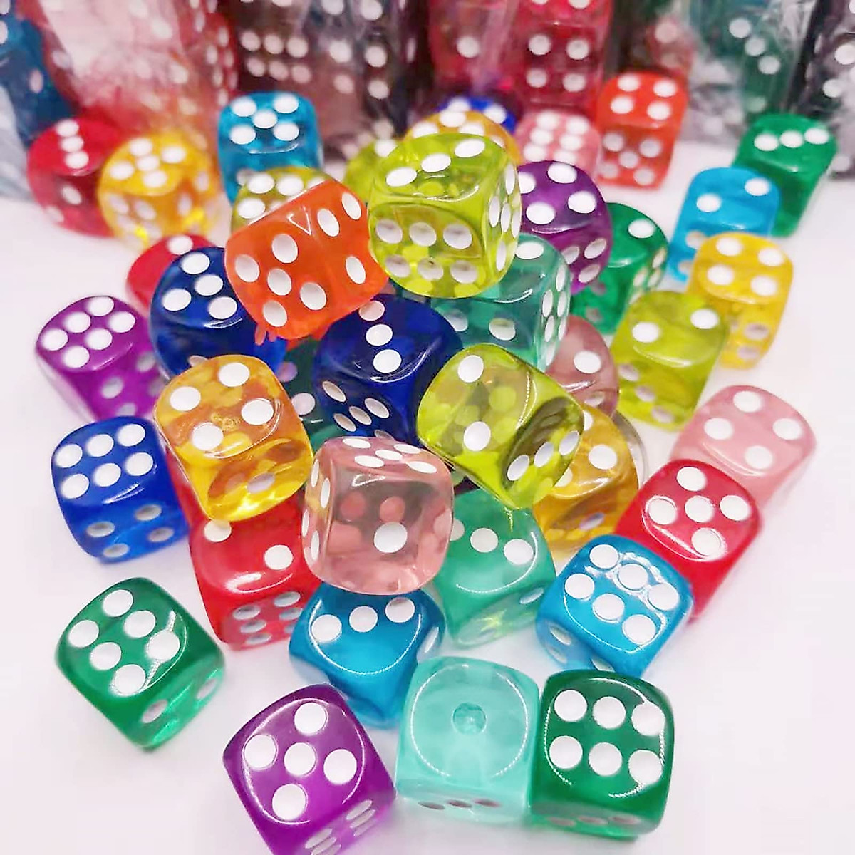 Dice Set 100 Pcs, 16MM (5/8 inches) 6 Sided Translucent Colors Game Dice,10 Colors, with Black Pouch