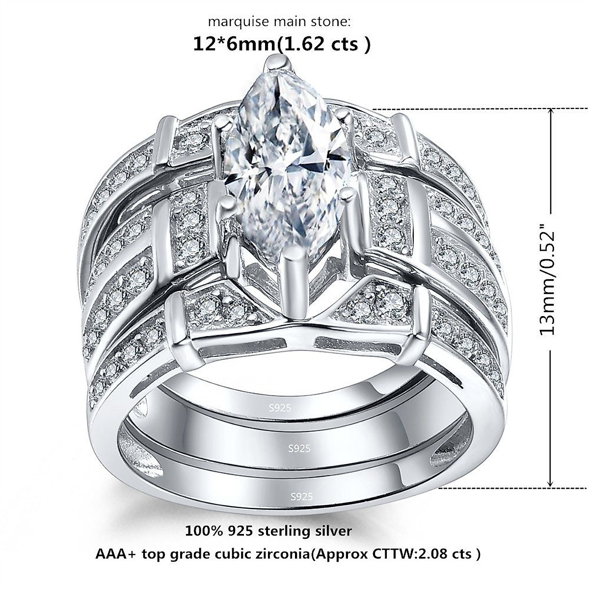 MABELLA Trio CZ Marquise 925 Sterling Silver Wedding Ring Set Bridal Engagement Gift for Women Size 8