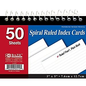 BAZIC 50 Ct. Spiral Bound 3" X 5" Ruled White Index Card
