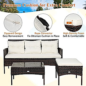 Tangkula 3 Pieces Patio Conversation Set, Outdoor PE Rattan Wicker Furniture Set W/Cozy Cushions, All Weather Sectional Sofa Set W/Tempered Glass Coffee Table for Poolside, Backyard, Garden