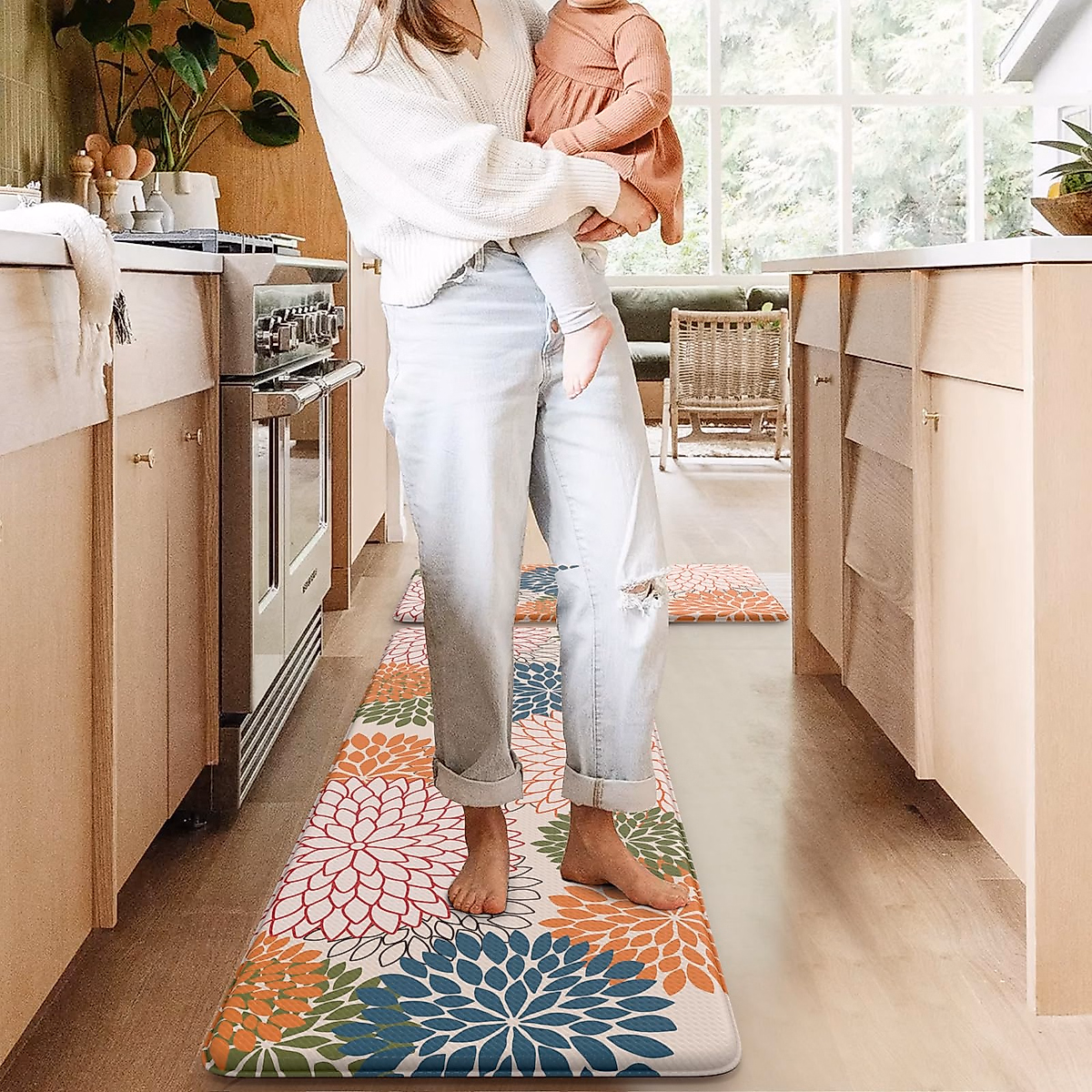 Kitchen Rugs and Mats Cushioned Anti Fatigue Kitchen Mat 2PCS Non-Skid Waterproof Kitchen Runner Rug Comfort Foam Standing Mat for Floors,Office,Laundry,Sink,Floral