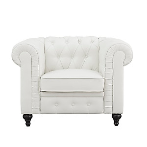 Naomi Home Emery Chesterfield Single Sofa Chair for Living Room, Mid Century Chair with Rolled Arms, Tufted Cushion, Solid Wooden Legs Reading Chairs for Bedroom Comfy Tool-free Assembly – White