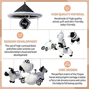 Neutral Baby Mobile,White Horse Musical Baby Crib Mobile,Baby Mobile for Crib,Crib Toys with Music,Handmade Nursery Mobile for Baby Room Decor（Black-White Horse）