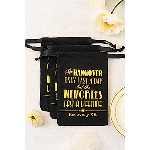 MEJOY 10 Pcs Bridal Shower Party Gift Bags, Black 5x7 Inch GOLD Foil "HANGOVERS", Bachelorette Hangover Kit Bags, Cotton Recovery Kit Bags Muslin Drawstring Bag for Bridal Shower Wedding Party Gift Decoration